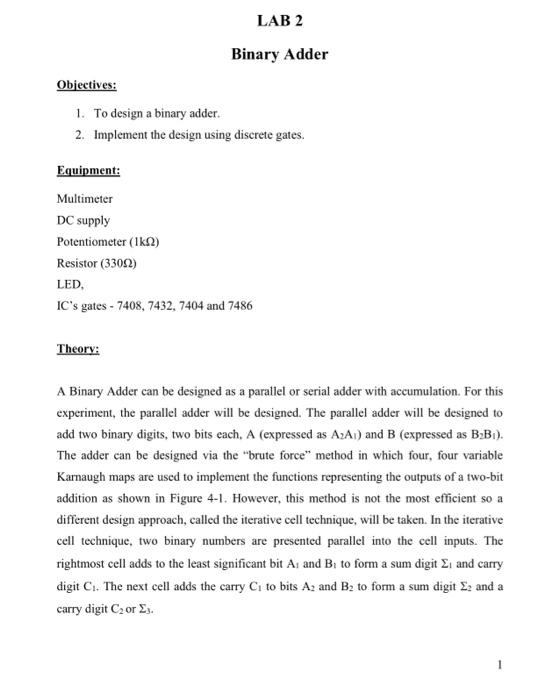 Solved LAB 2 Binary Adder Objectives: 1. To design a binary | Chegg.com