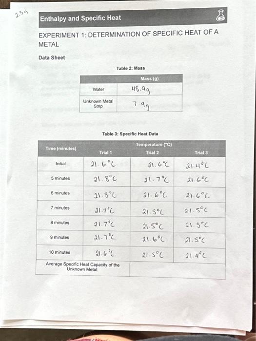 Solved 2.39 Enthalpy and Specific Heat EXPERIMENT 1: | Chegg.com