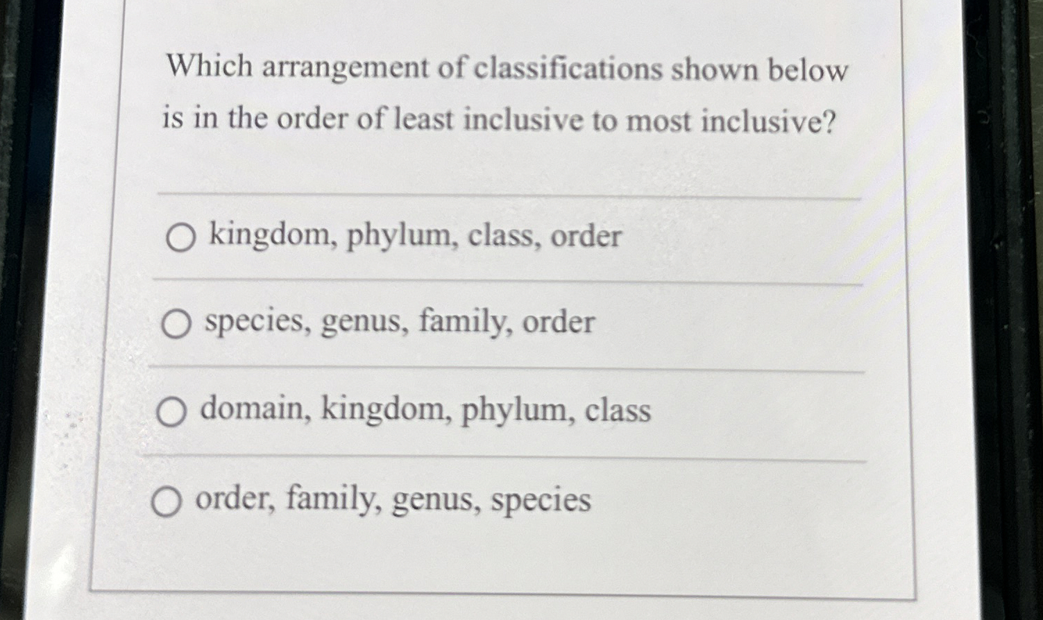 Solved Which arrangement of classifications shown below is | Chegg.com