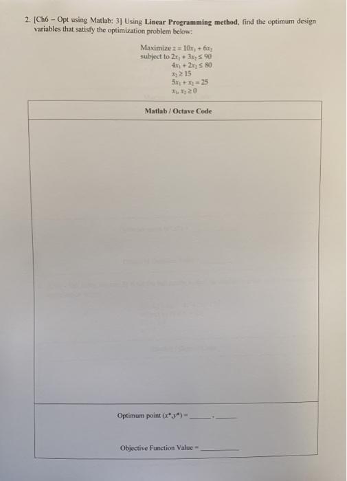 Solved 2. [CH6 - Opt using Matlab: 31 Using Linear | Chegg.com
