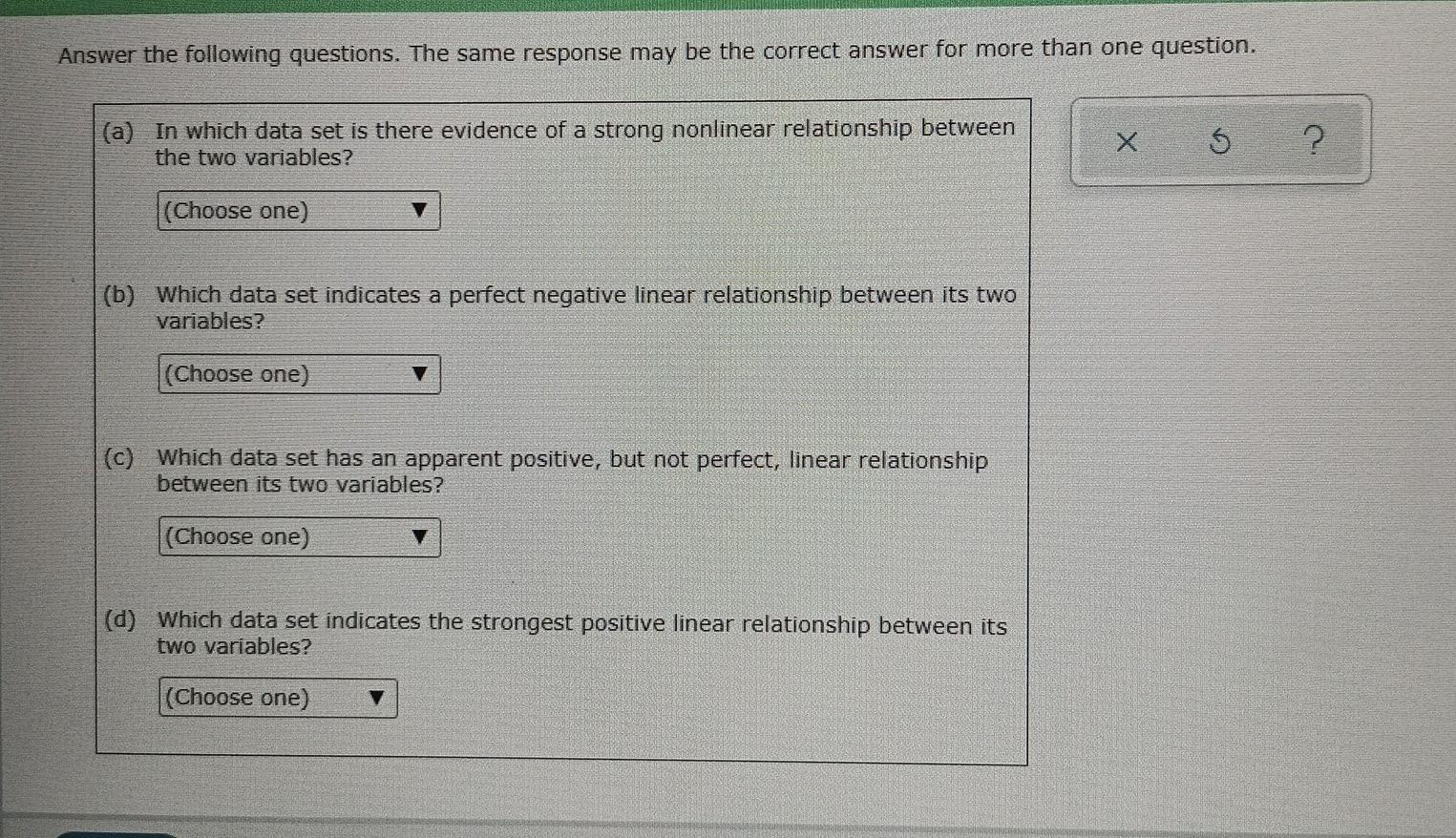 Solved Below are four bivariate data sets and their scatter | Chegg.com