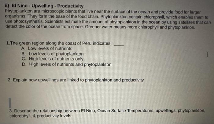 Solved E) El Nino-Upwelling - Productivity Phytoplankton are | Chegg.com