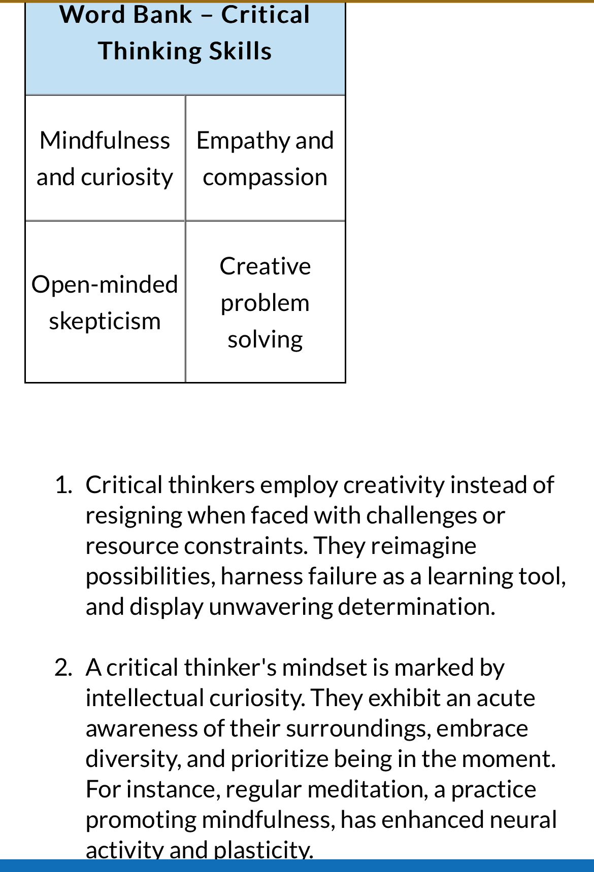 Solved \table[[\table[[Word Bank - ﻿Critical],[Thinking | Chegg.com