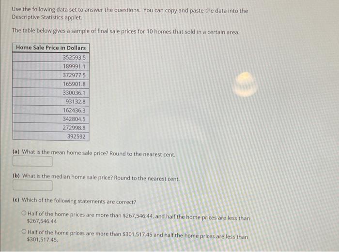 Solved Use the following data set to answer the questions. | Chegg.com