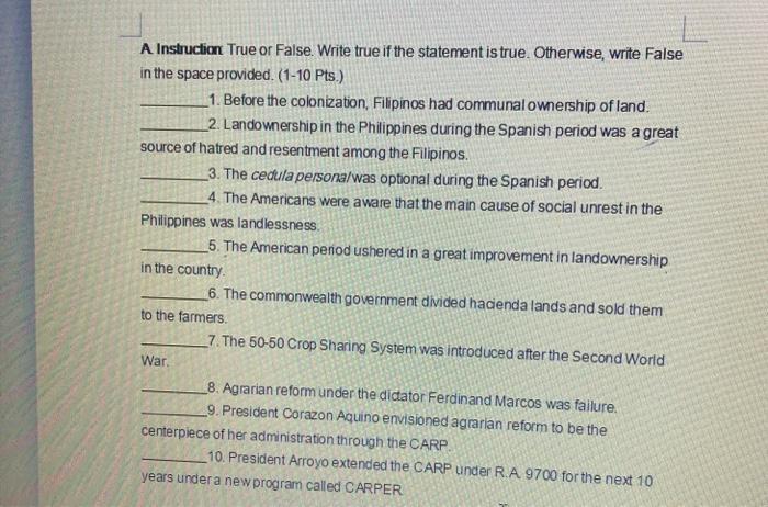 Solved A Instruction True or False. Write true if the | Chegg.com