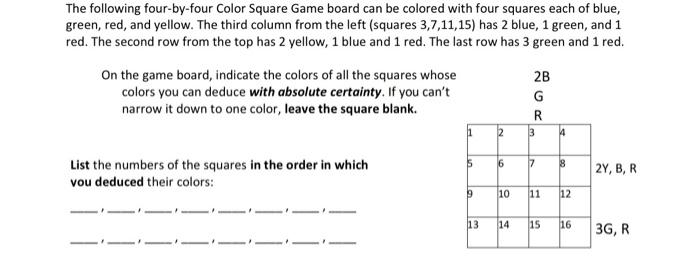 Solved The following four-by-four Color Square Game board | Chegg.com