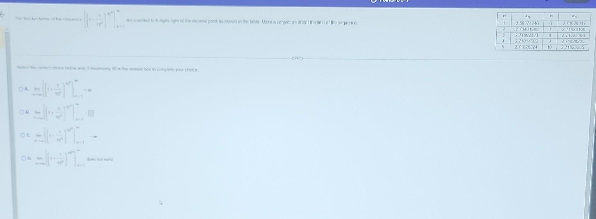 The first ten terms of the sequence {(1+10n1)10n}n=1∞ | Chegg.com