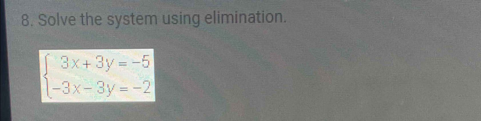 Solved Solve the system using elimination.3x+3y=-5-3x-3=-2 | Chegg.com