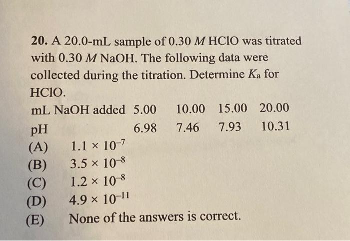 20. A 20.0 -mL sample of 0.30MHClO was titrated with | Chegg.com