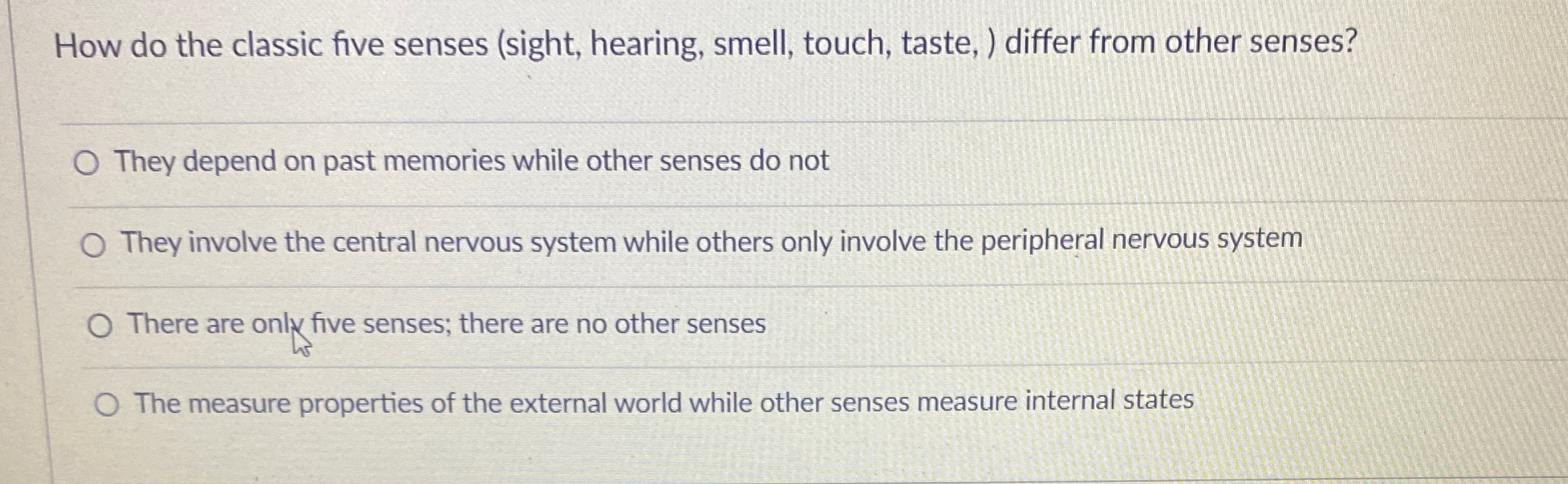 Solved How do the classic five senses (sight, ﻿hearing, | Chegg.com