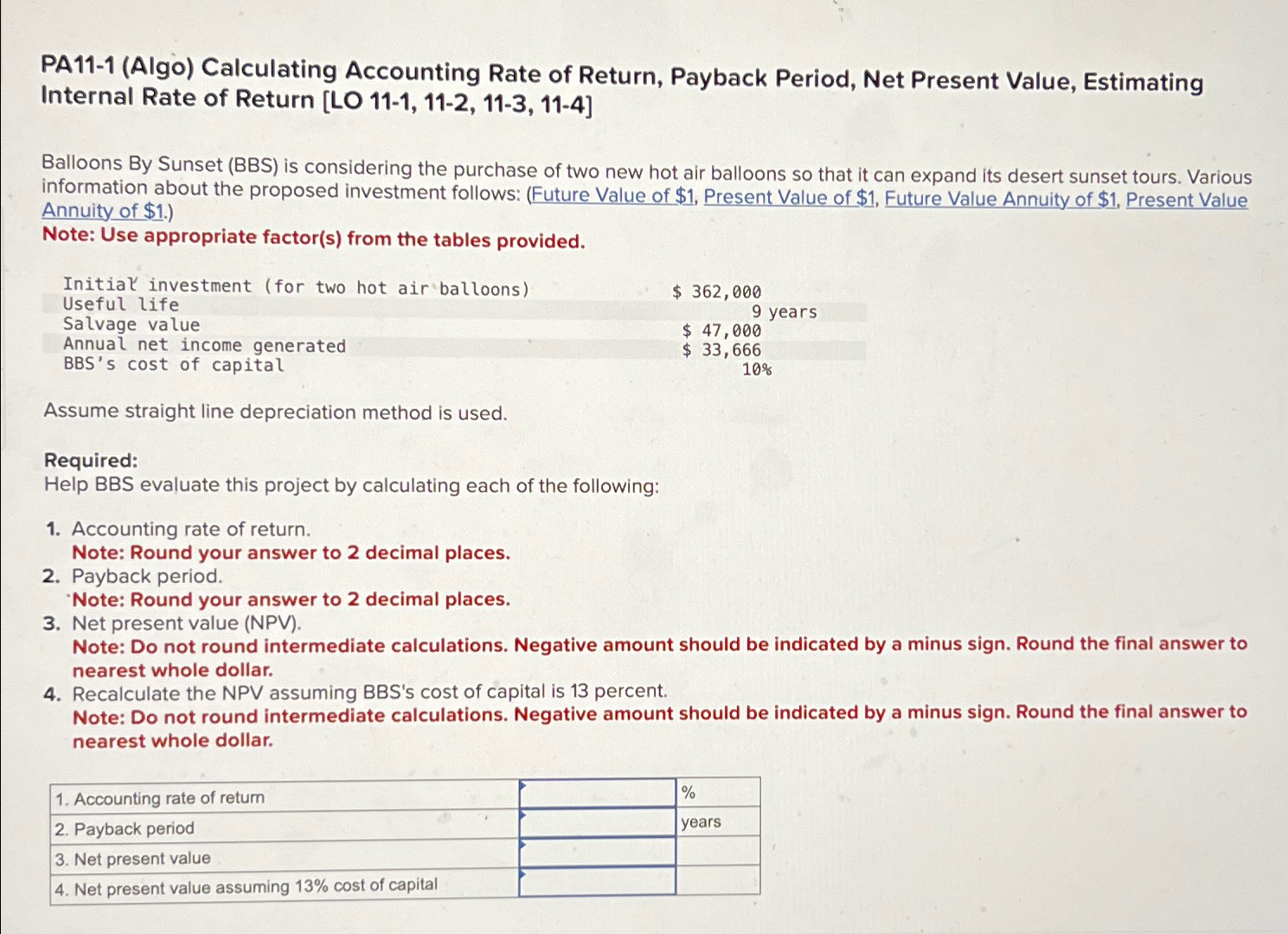Solved PA11-1 (Algo) ﻿Calculating Accounting Rate of Return, | Chegg.com