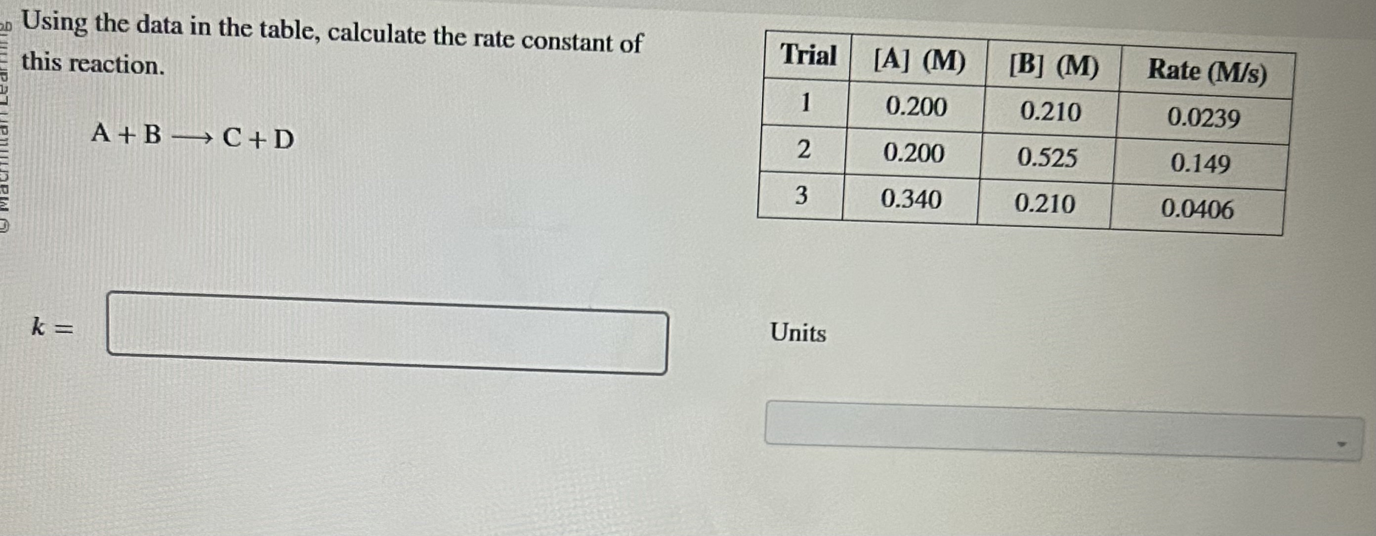 Using the data in the table, calculate the rate | Chegg.com
