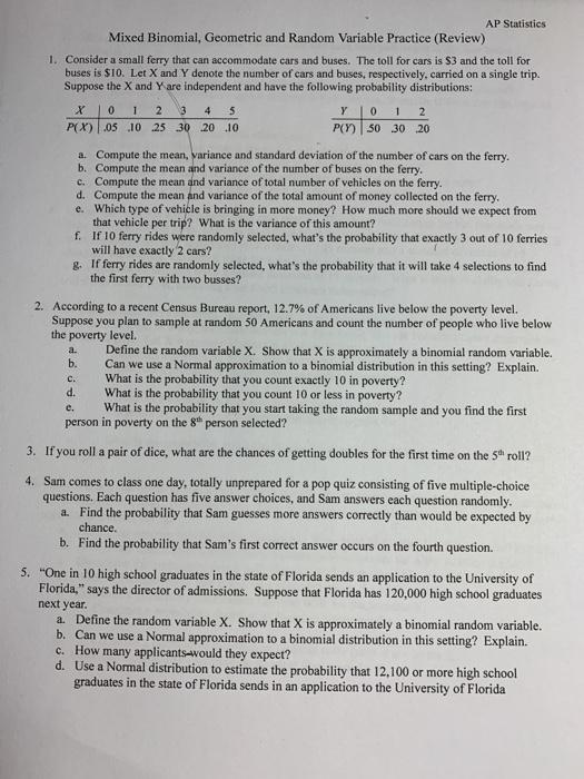 4 AP Statistics Mixed Binomial, Geometric and Random | Chegg.com