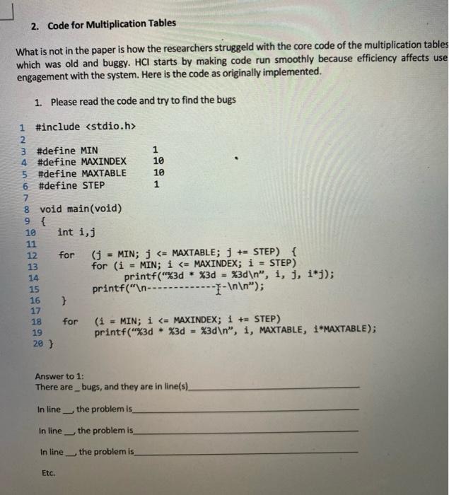 Solved 2. Code for Multiplication Tables What is not in the | Chegg.com