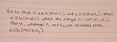 Solved Verify that if a-=b(modn1) ﻿and a-=b(modn2) ﻿then | Chegg.com