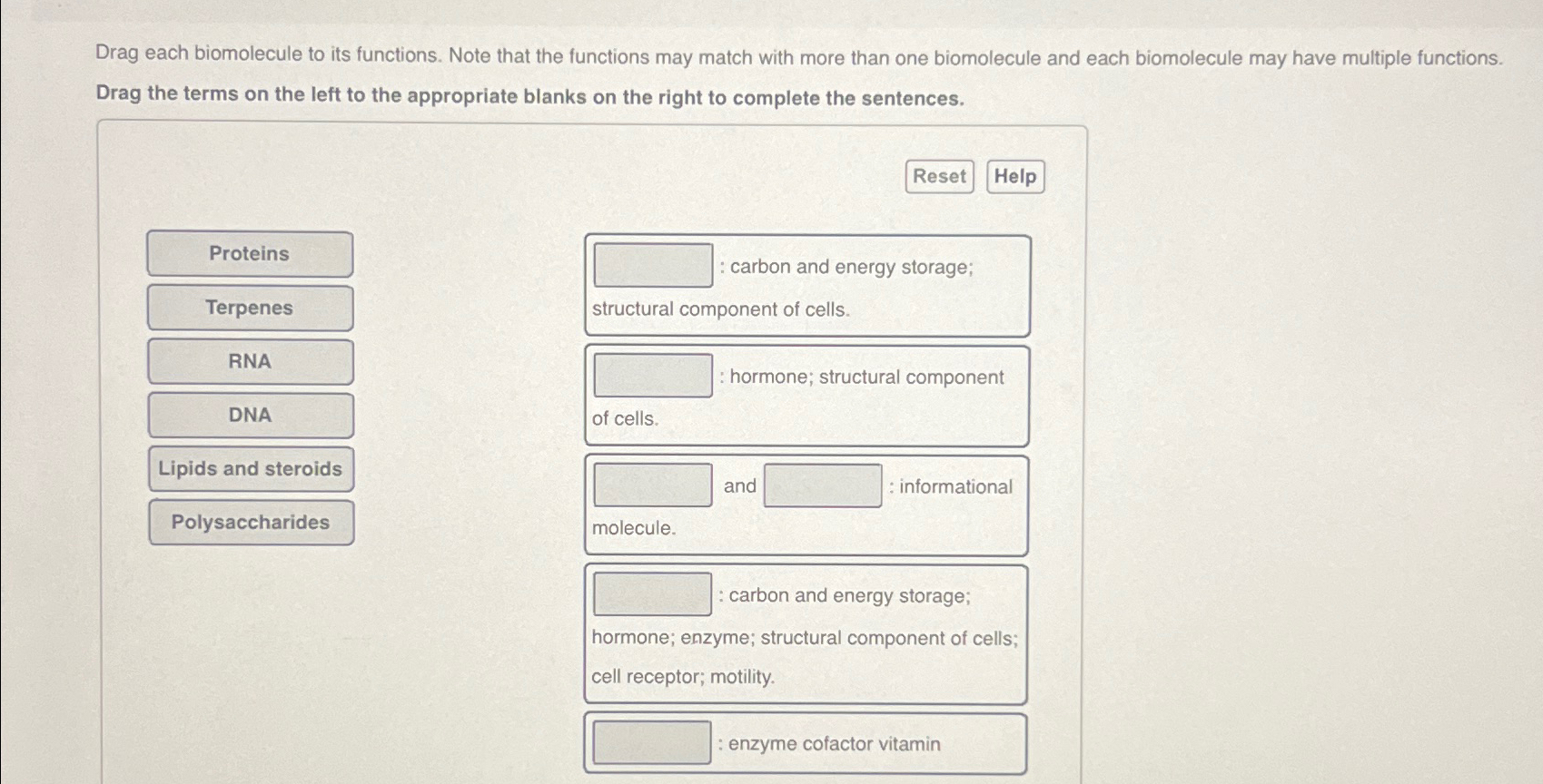 Solved Drag each biomolecule to its functions. Note that the | Chegg.com