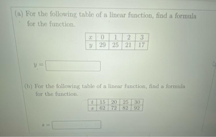 Solved a) For the following table of a linear function, find | Chegg.com