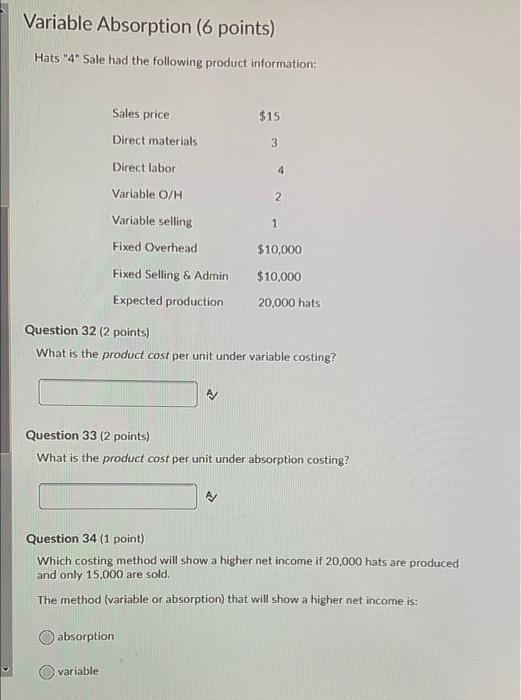 Solved Variable Absorption (6 points) Hats "4" Sale had the | Chegg.com
