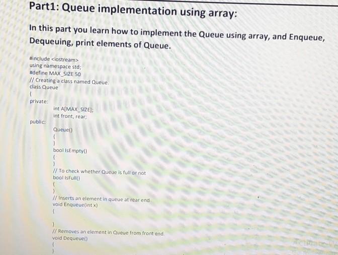 Solved Part1 Queue Implementation Using Array In This Part