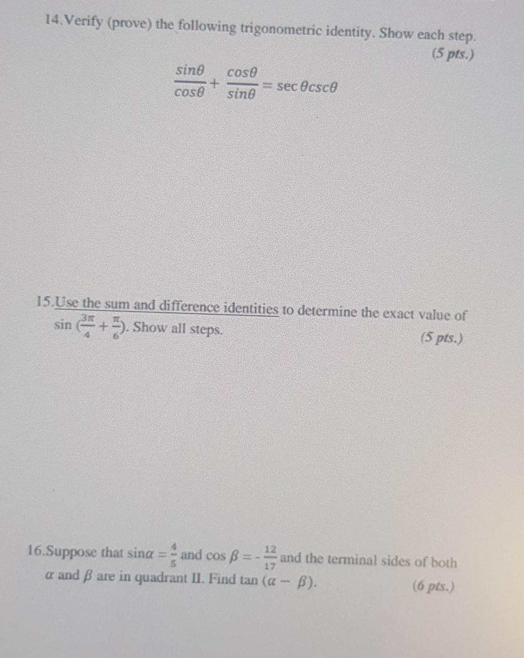 Solved 14. Verify (prove) the following trigonometric | Chegg.com