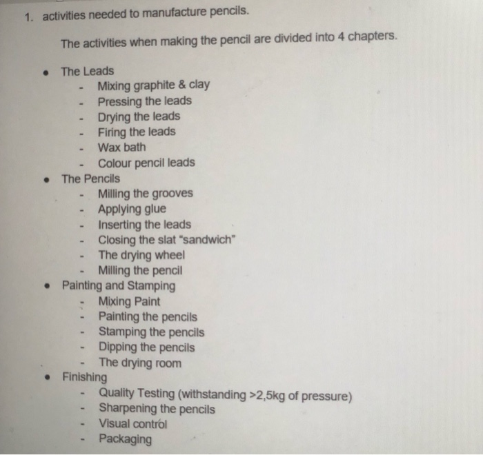 Solved 1. activities needed to manufacture pencils. The | Chegg.com