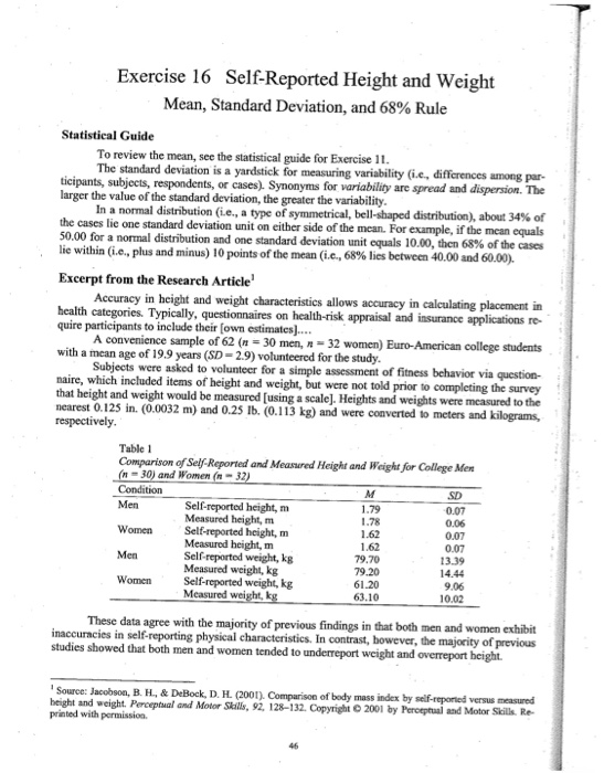 Solved Exercise 16 Self-Reported Height and Weight Mean, | Chegg.com
