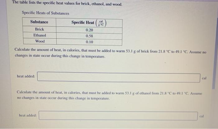 Solved The table lists the specific heat values for brick, | Chegg.com