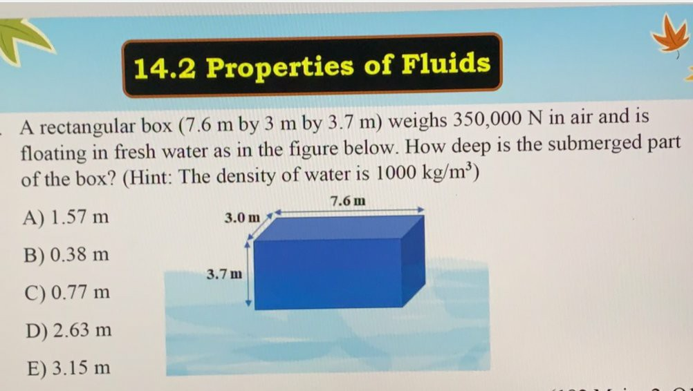 Solved 14.2 Properties of Fluids A rectangular box (7.6 m by | Chegg.com