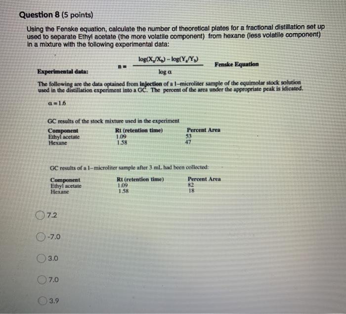 Solved Question 8 (5 points) Using the Fenske equation, | Chegg.com