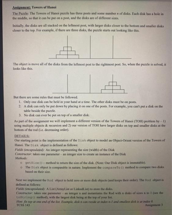 Solved Assignment: Towers of Hanoi The Puzzle: The Towers of | Chegg.com