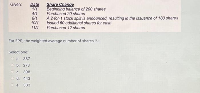 Solved For EPS, the weighted average number of shares is: | Chegg.com