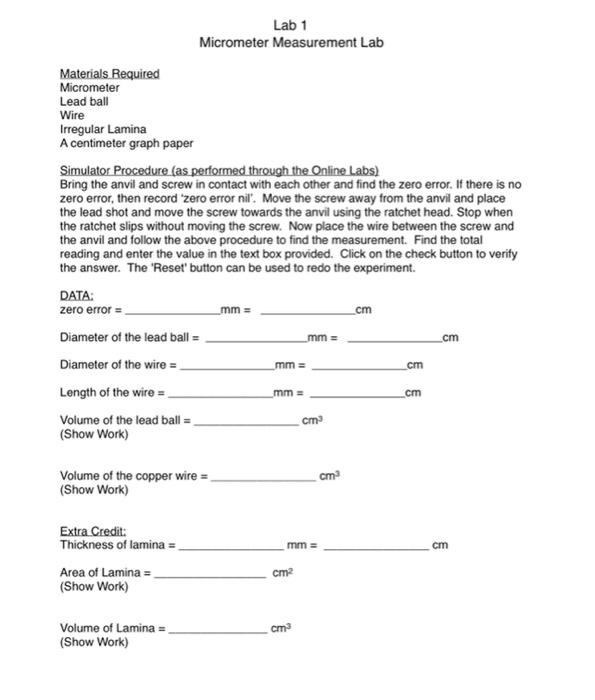Solved Lab 1 Micrometer Measurement Lab Materials Required | Chegg.com