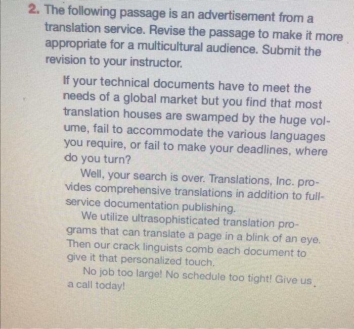 Solved 2. The following passage is an advertisement from a | Chegg.com