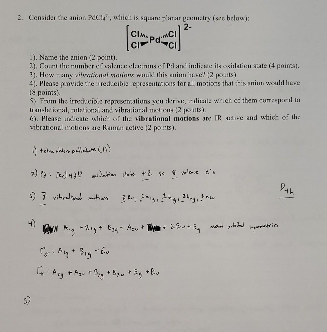 Solved 2. Consider the anion PdCl42−, which is square planar | Chegg.com