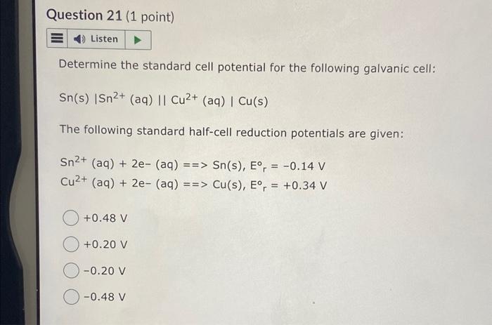 Determine the standard cell potential for the | Chegg.com