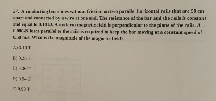 Solved 27. A conducting bar slides without friction on two | Chegg.com