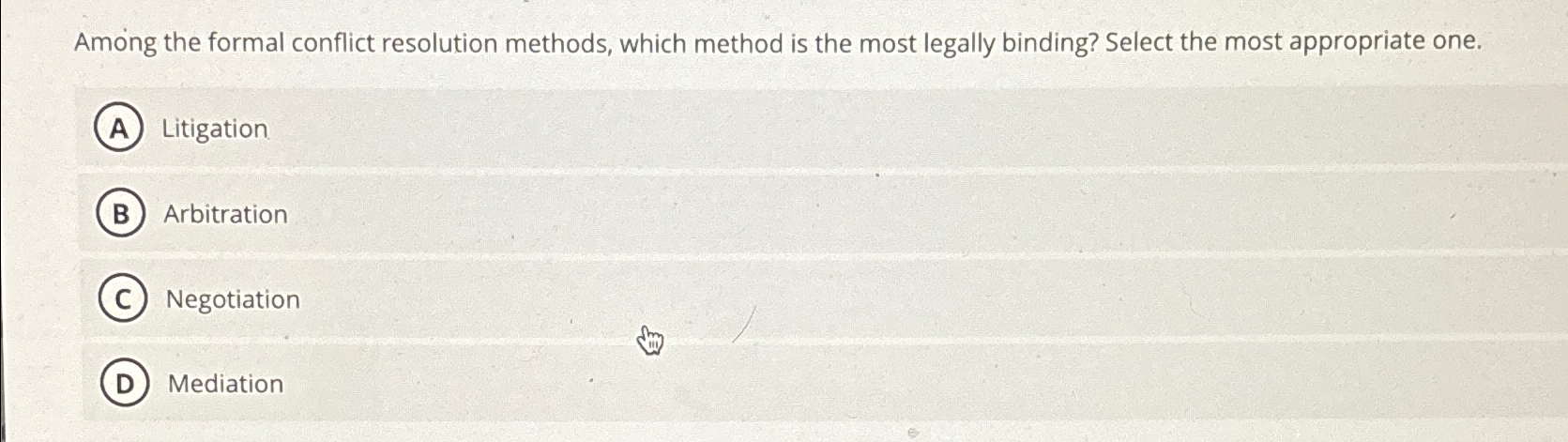 Solved Among the formal conflict resolution methods, which | Chegg.com