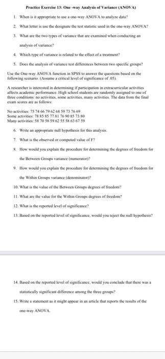 Solved Practice Exercise 13: One-way Analysis of Variance | Chegg.com