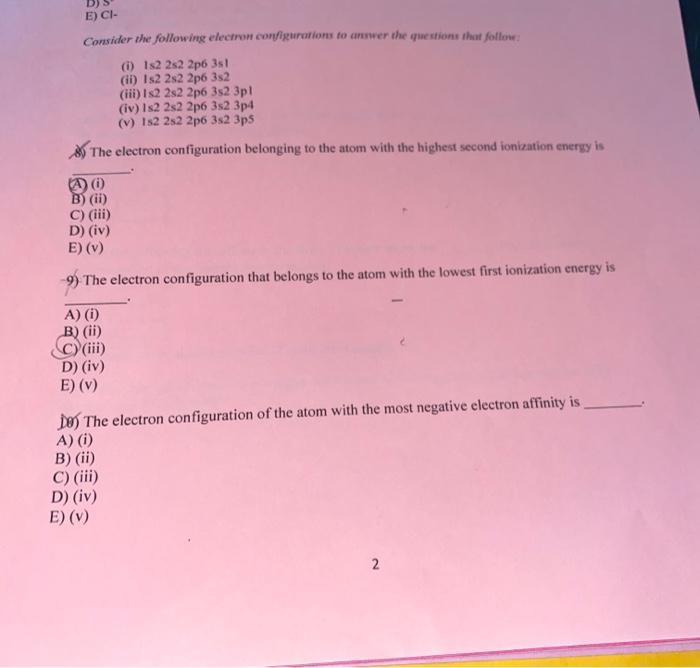 Solved E) CH- Consider the following electron configurations | Chegg.com