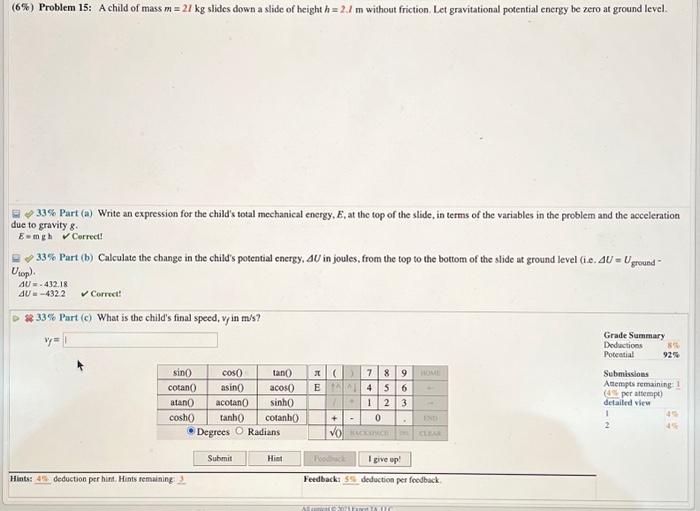 Solved (6\%) Problem 15: A child of mass m=27 kg slides down | Chegg.com