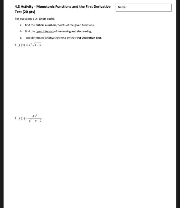 Solved Name: 4.3 Activity - Monotonic Functions and the | Chegg.com