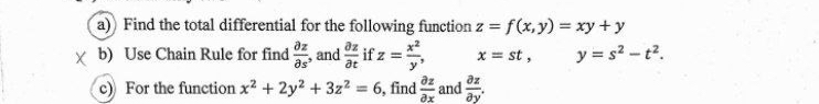 Solved a) ﻿Find the total differential for the following | Chegg.com