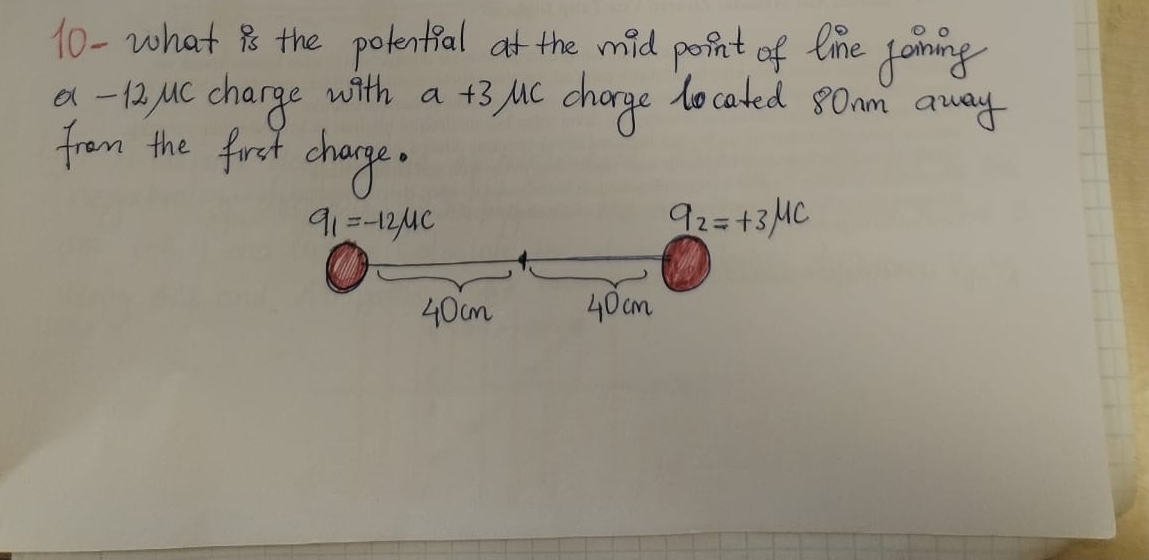 Solved 10- ﻿what is the potential at the mid point of line | Chegg.com