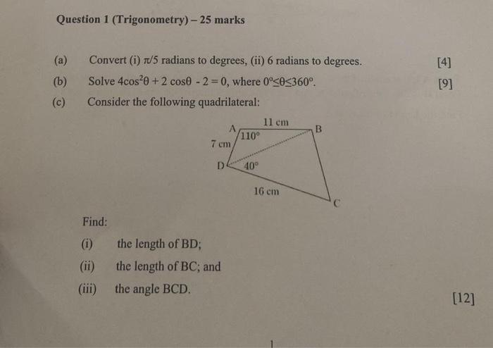 Solved (a) Convert (i) π/5 radians to degrees, (ii) 6 | Chegg.com