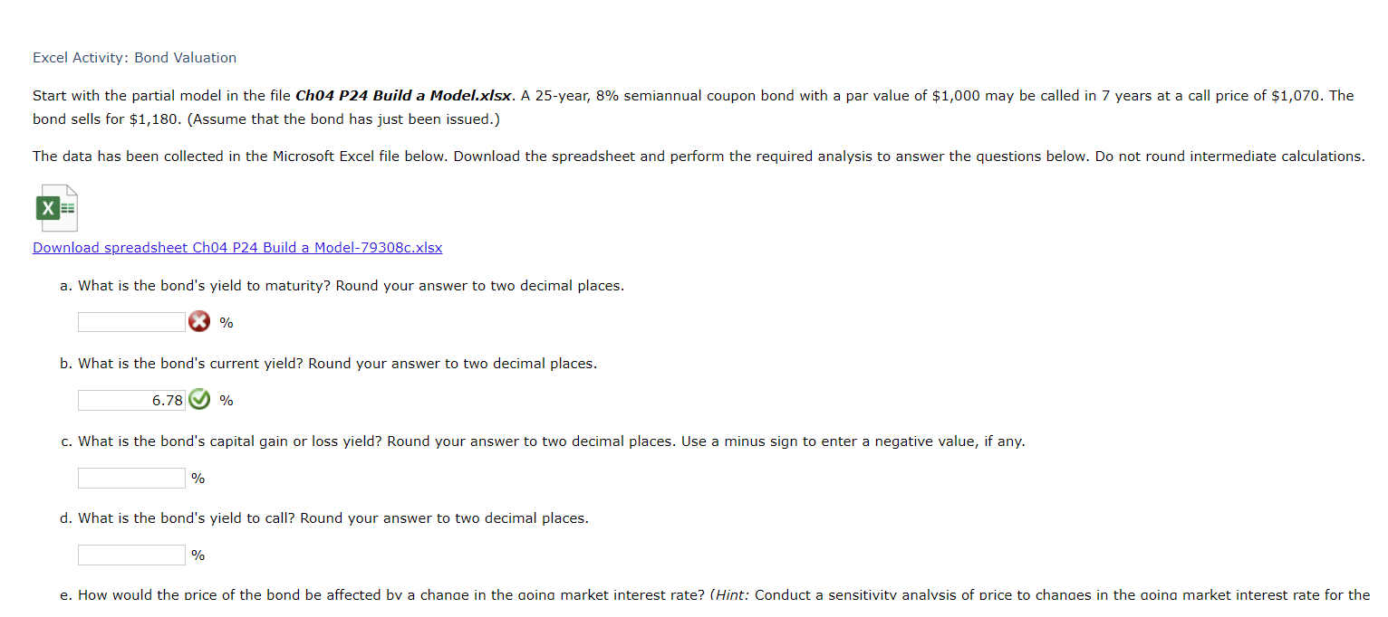 Solved Excel Activity: Bond ValuationStart with the partial | Chegg.com