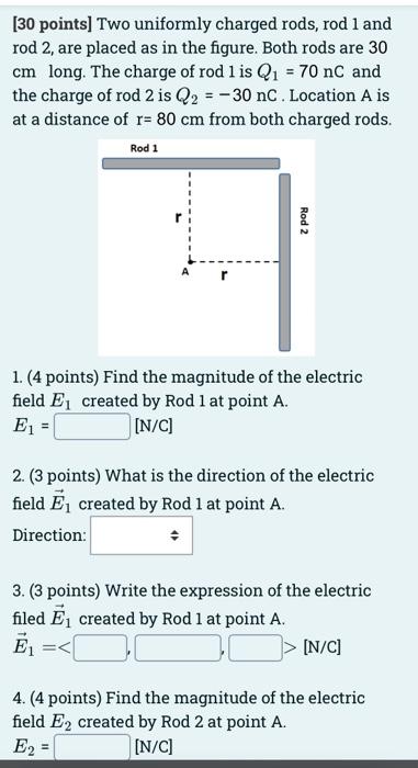 Solved [30 points] Two uniformly charged rods, rod 1 and rod | Chegg.com