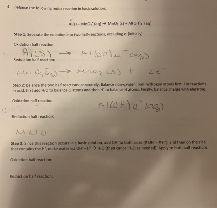 Solved 4. Balance the following redox reaction in basic | Chegg.com