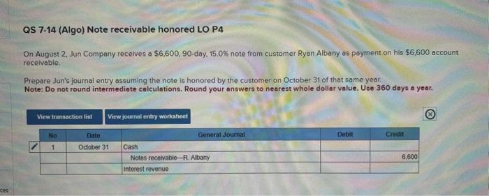 Solved QS 7-14 (Algo) Note receivable honored LO P4 On | Chegg.com