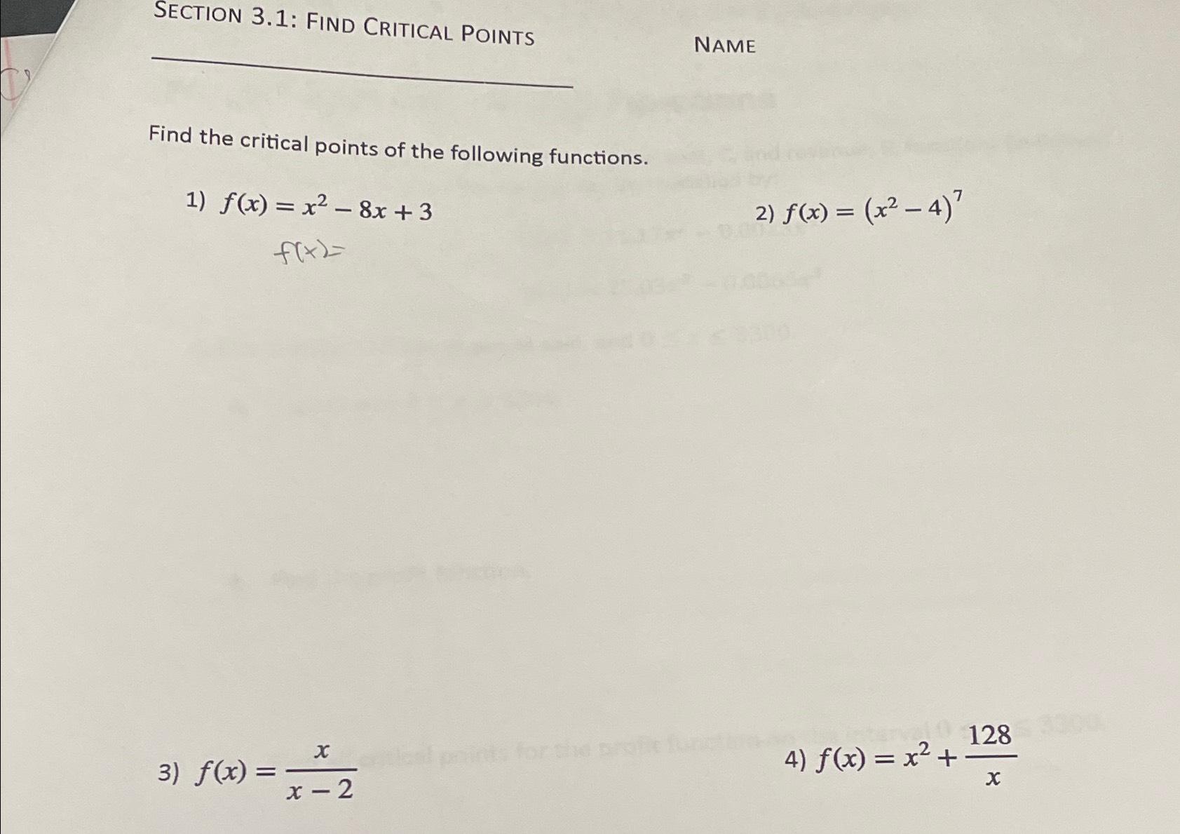 Solved SECTION 3.1: FIND CRITICAL POINTSNAMEFind the | Chegg.com