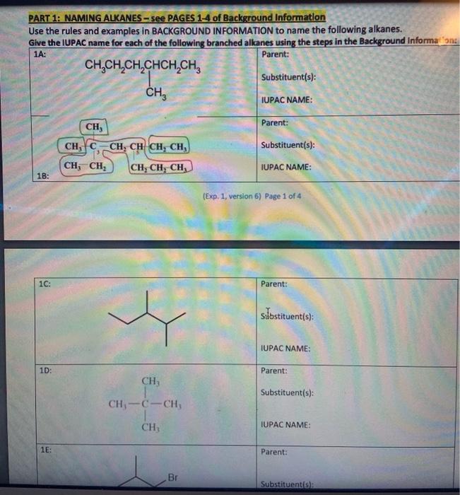 Solved PART 1: NAMING ALKANES - See PAGES 1-4 of Background | Chegg.com